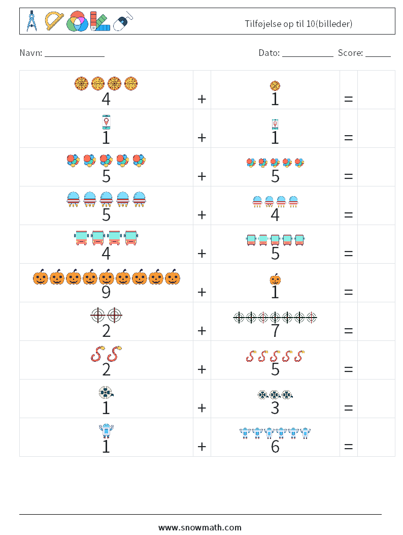 tilføjelse op til 10(billeder) Matematiske regneark, matematikpraksis ...