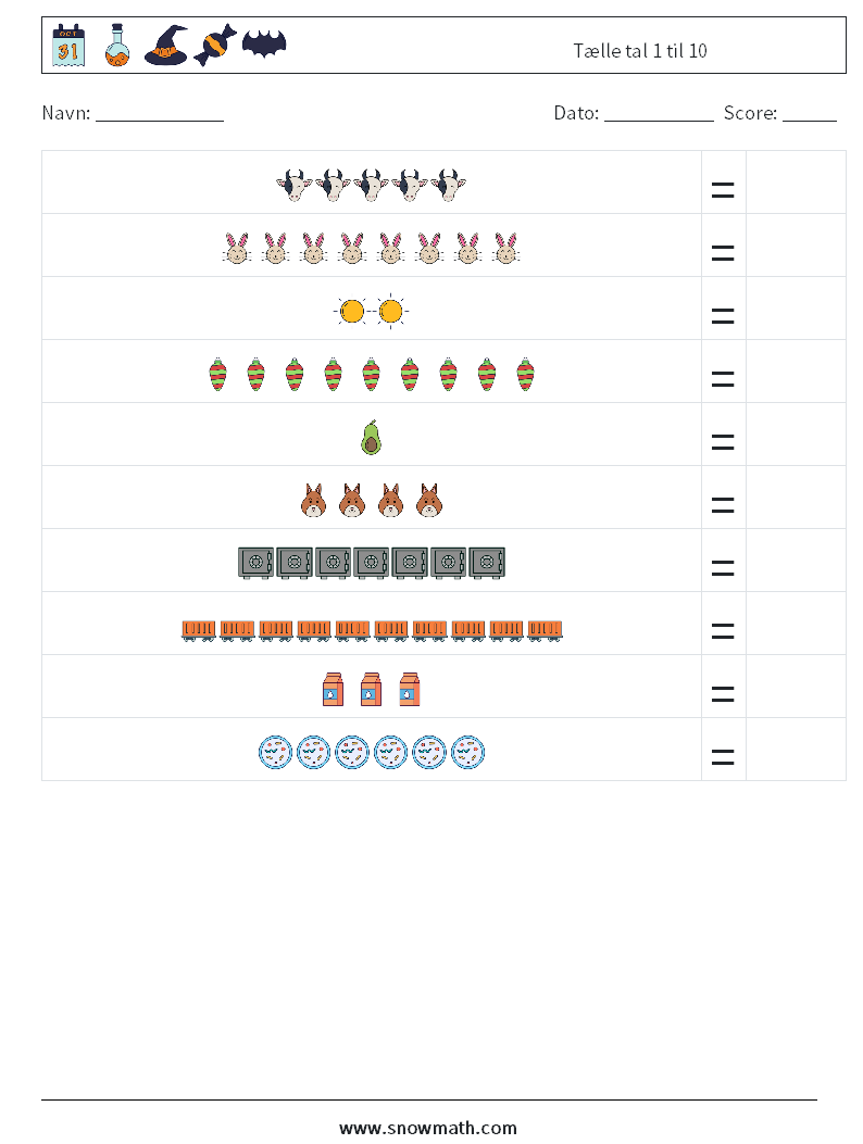 tælle tal 1 til 10 Matematiske regneark, matematikpraksis for børn.