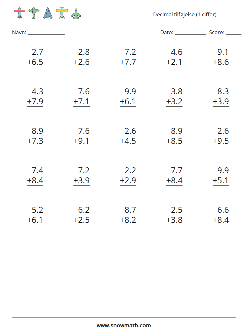 (25) decimal tilføjelse (1 ciffer) Matematiske regneark 1Matematiske ...