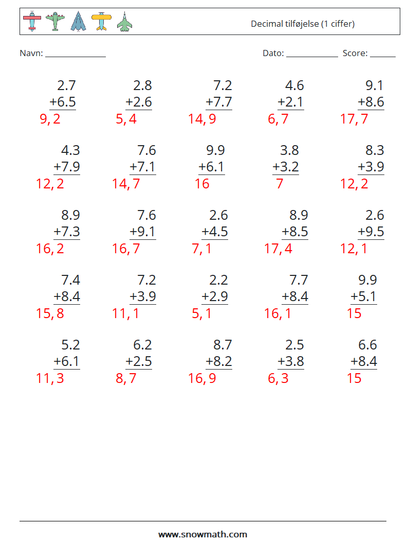 (25) decimal tilføjelse (1 ciffer) Matematiske regneark 1Matematiske ...