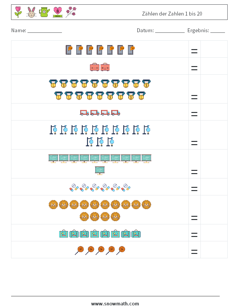 zählen der zahlen 1 bis 20 Mathe-Arbeitsblätter 16Mathe-Arbeitsblätter ...