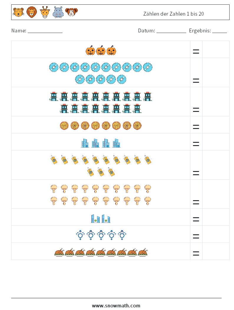zählen der zahlen 1 bis 20 Mathe-Arbeitsblätter 6Mathe-Arbeitsblätter ...
