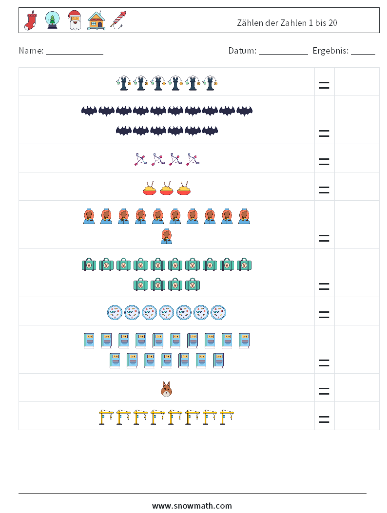 zählen der zahlen 1 bis 20 Mathe-Arbeitsblätter, Mathe-Übungen für Kinder.