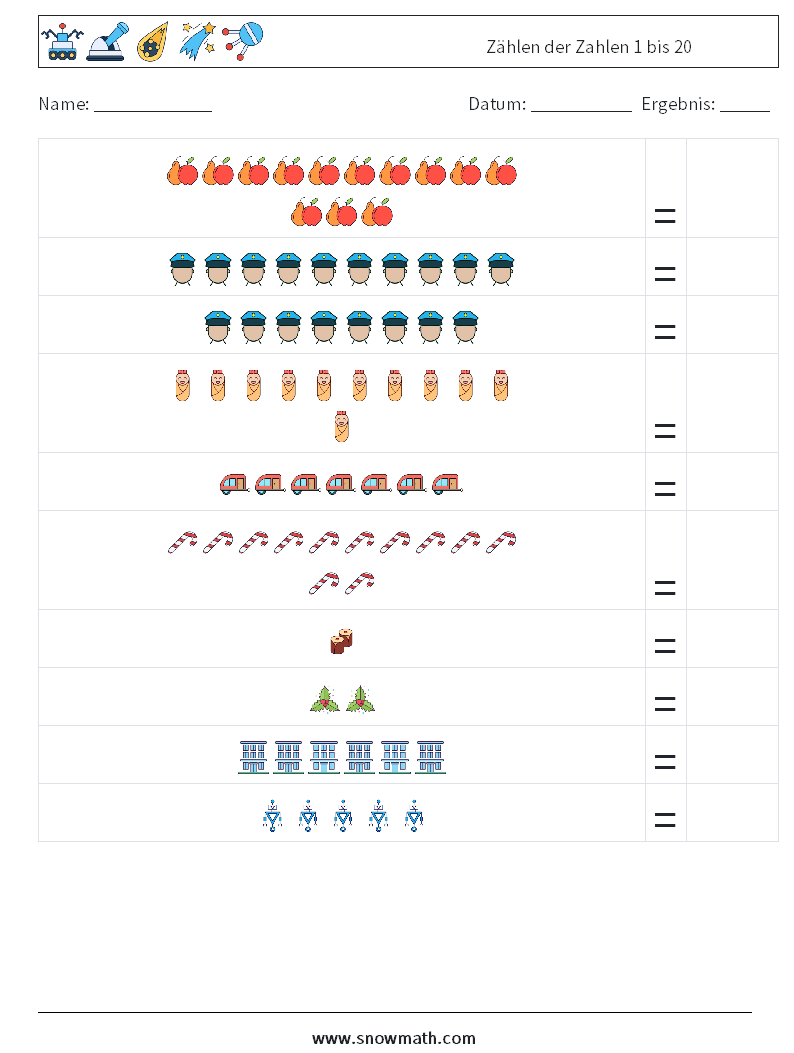 zählen der zahlen 1 bis 20 Mathe-Arbeitsblätter 8Mathe-Arbeitsblätter ...