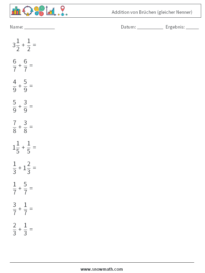 (10) addition von brüchen (gleicher nenner) Mathe-Arbeitsblätter, Mathe ...