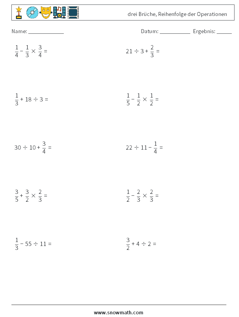 (10) drei brüche, reihenfolge der operationen Mathe-Arbeitsblätter ...