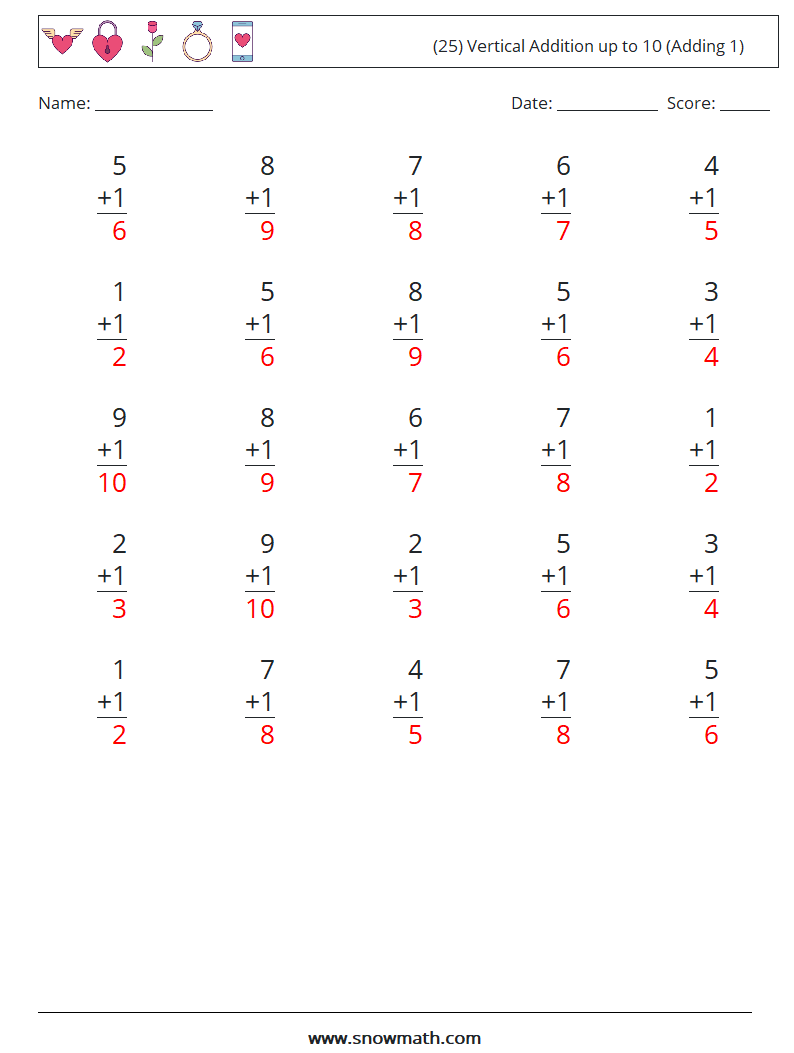  25 Vertical Addition Up To 10 adding 1 Math Worksheets 4Math