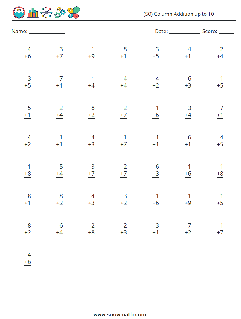  50 Column Addition Up To 10 Math Worksheets Math Practice For Kids 