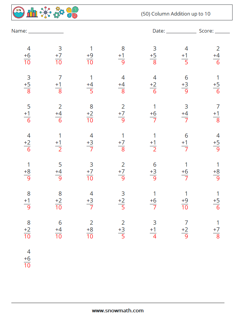  50 Column Addition Up To 10 Math Worksheets 2Math Worksheets Math