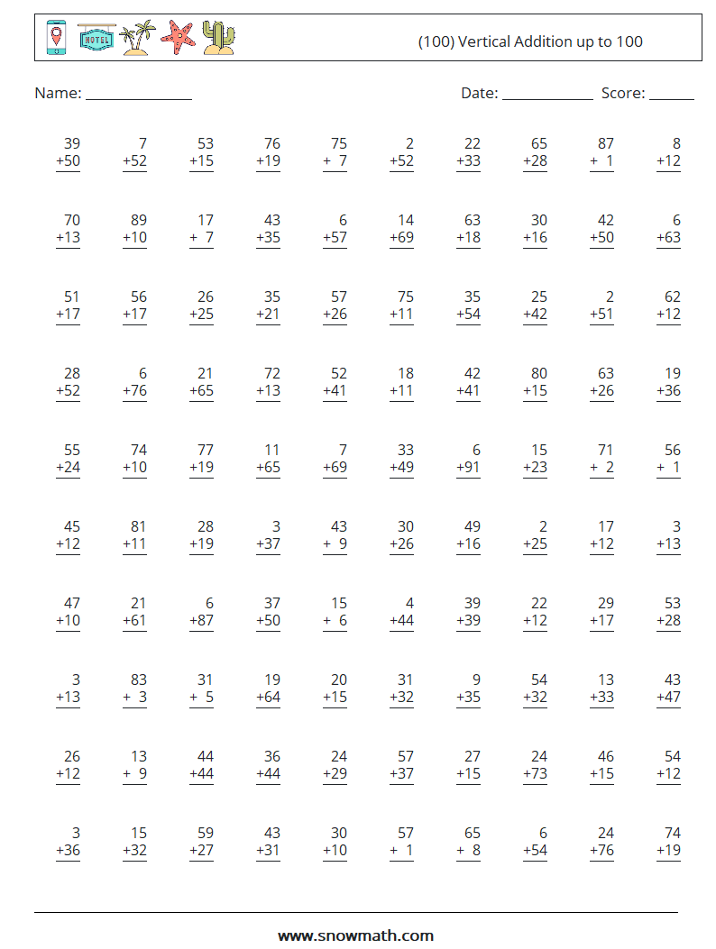  100 Vertical Addition Up To 100 Math Worksheets Math Practice For Kids 