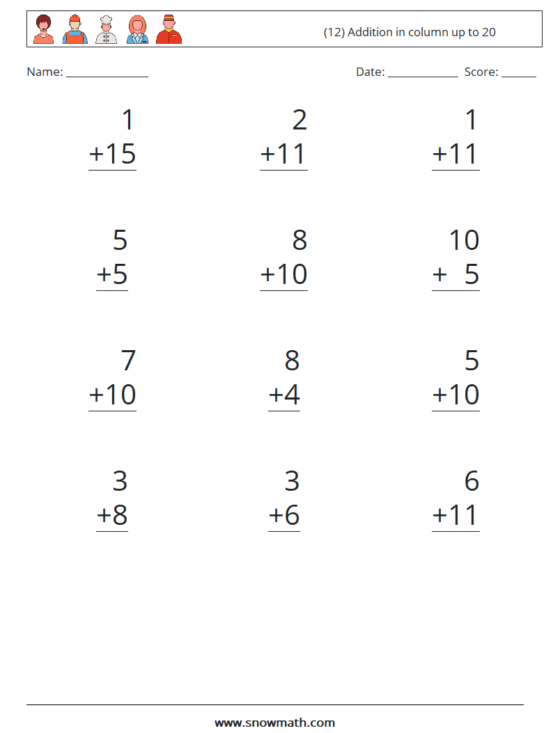  12 Addition In Column Up To 20 Math Worksheets Math Practice For Kids 
