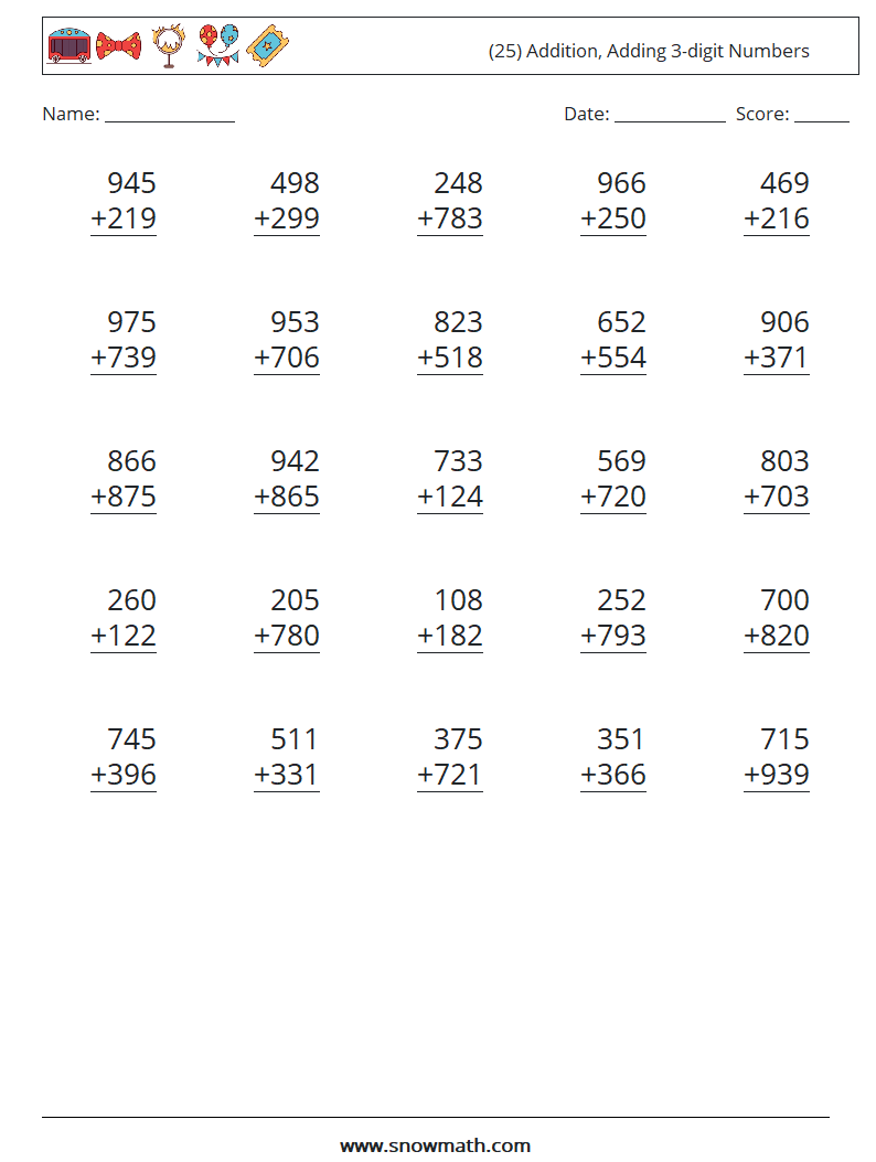 Grade 3 Math Worksheet Addition Adding 3 Digit Numbers In Columns With 