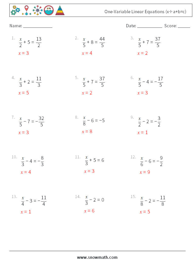 one-variable linear equations (x÷a+b=c) Math Worksheets 12Math ...