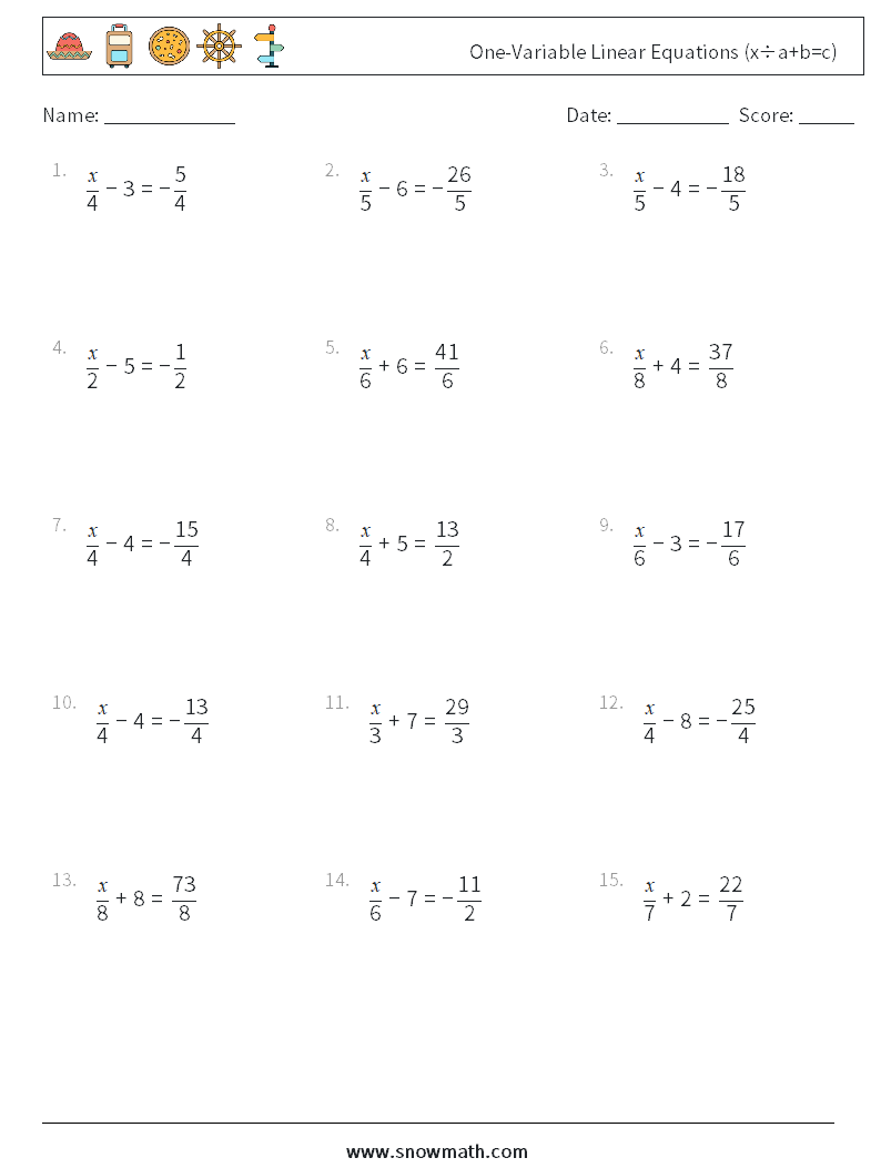 one-variable linear equations (x÷a+b=c) Math Worksheets 13Math ...