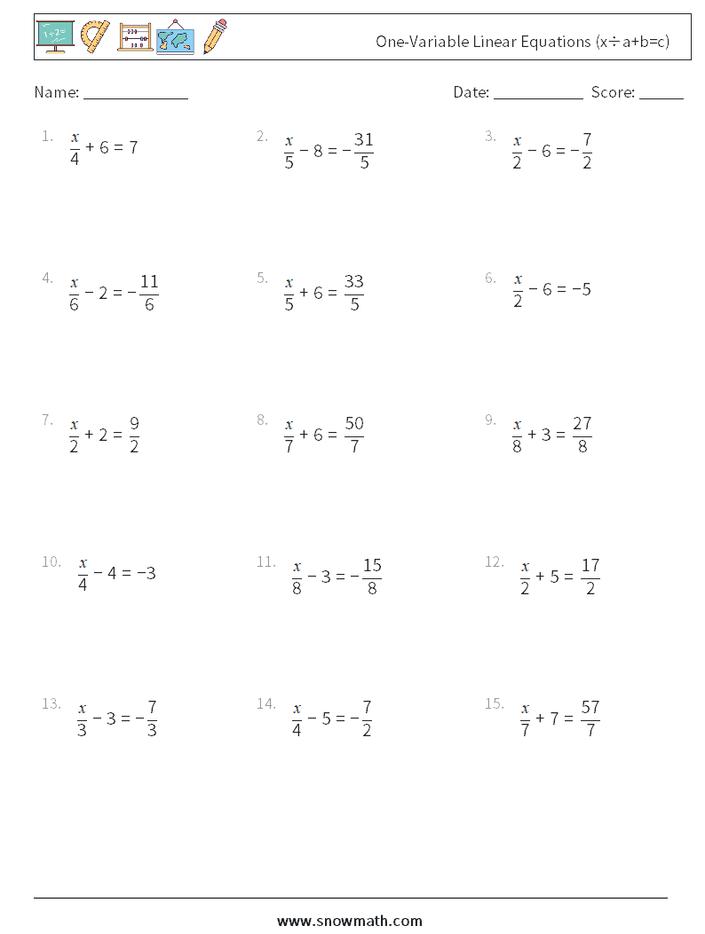 one-variable linear equations (x÷a+b=c) Math Worksheets, Math Practice ...