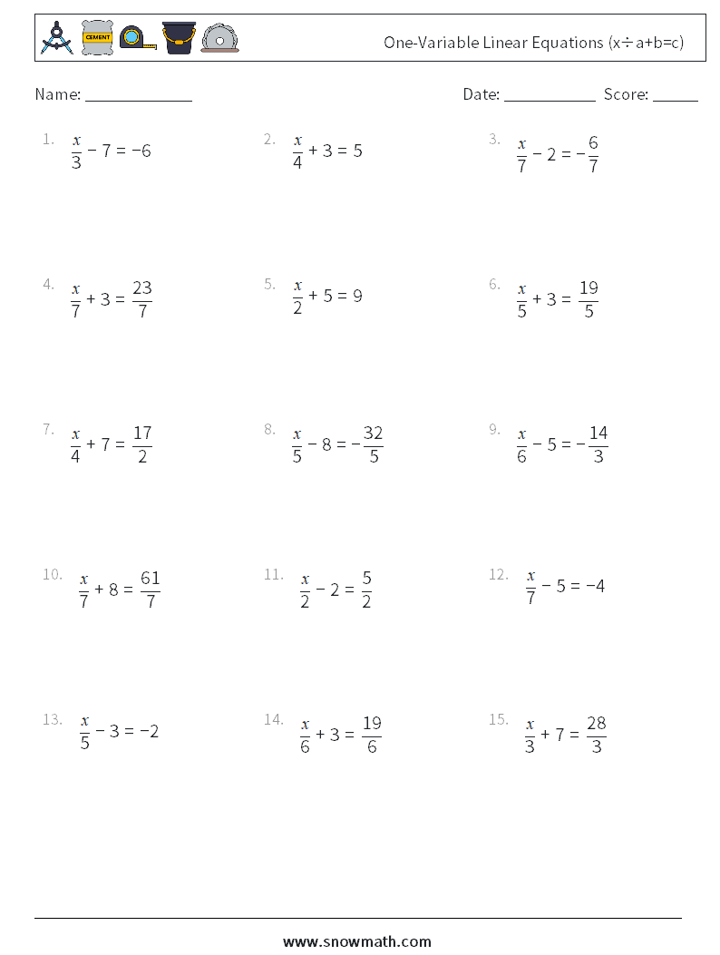 One-variable Linear Equations (x÷a+b=c) Math Worksheets, Math Practice 