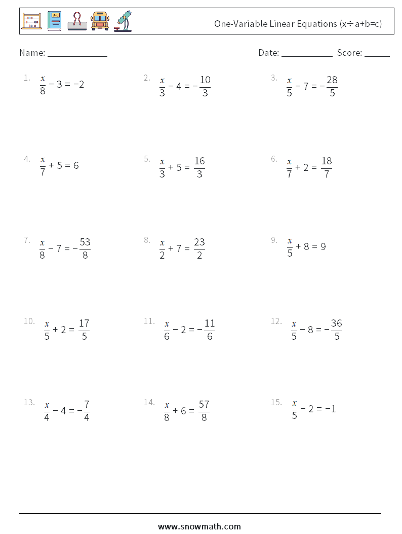 one-variable linear equations (x÷a+b=c) Math Worksheets, Math Practice ...