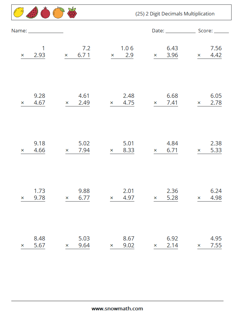 Decimals multiplication Decimals Worksheets Math Worksheets Math Drills