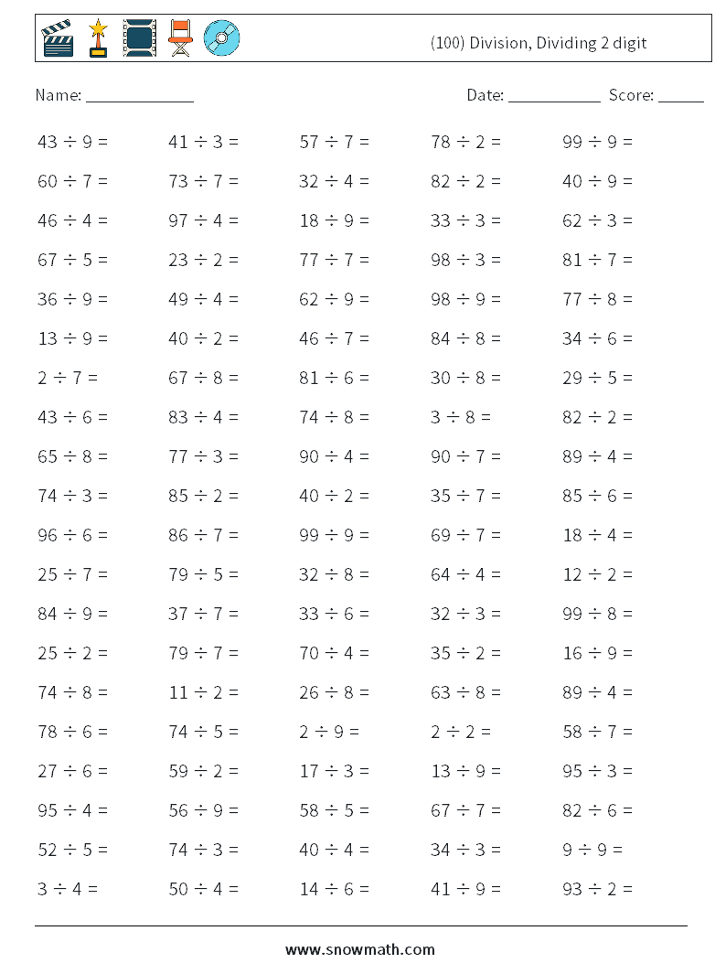100 Math Facts Division Worksheets