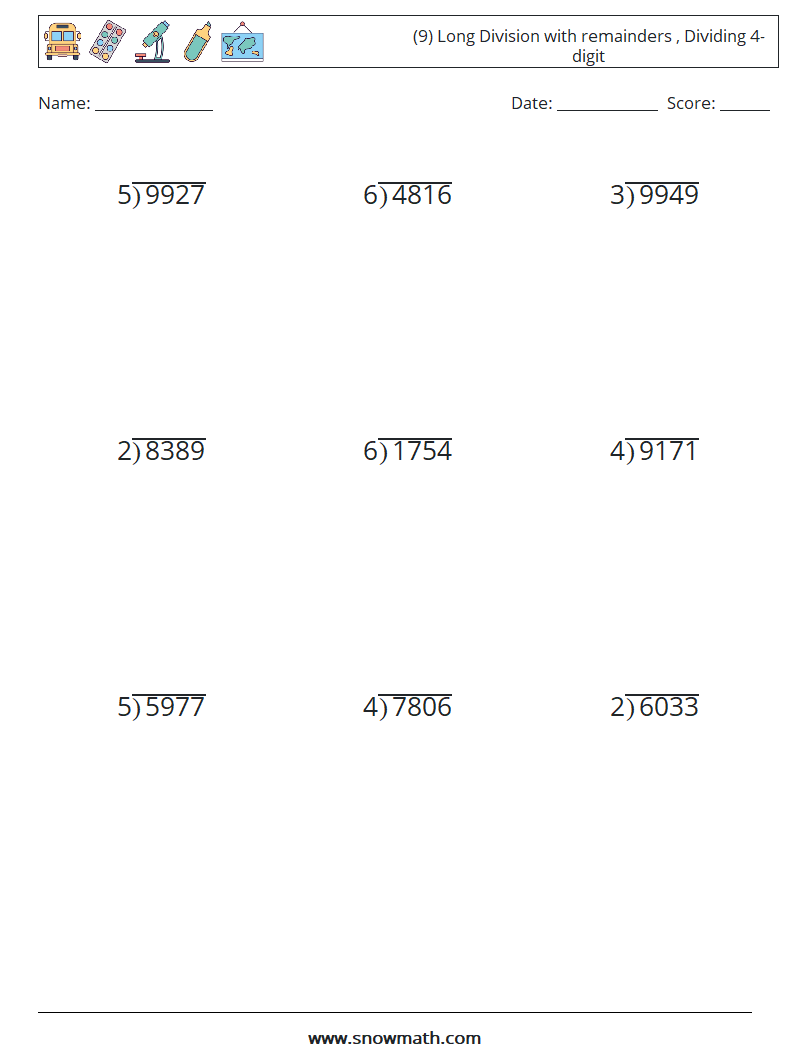  9 Long Division With Remainders Dividing 4 digit Math Worksheets