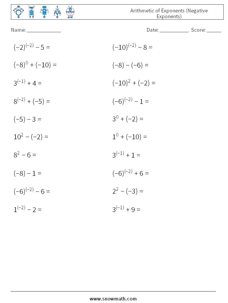 Exponents arithmetic Exponents Worksheets Math Worksheets Math Drills