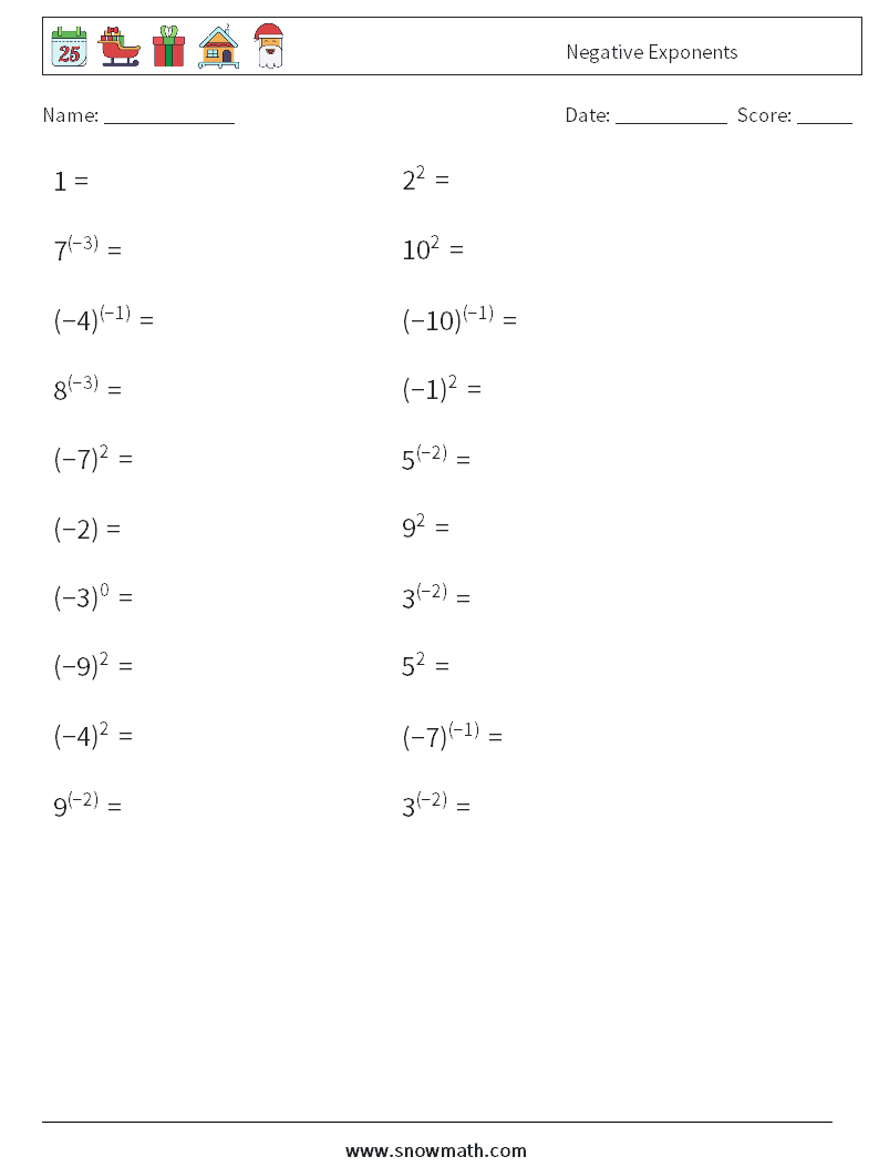 Negative Exponents Math Worksheets 1Math Worksheets Math Practice For