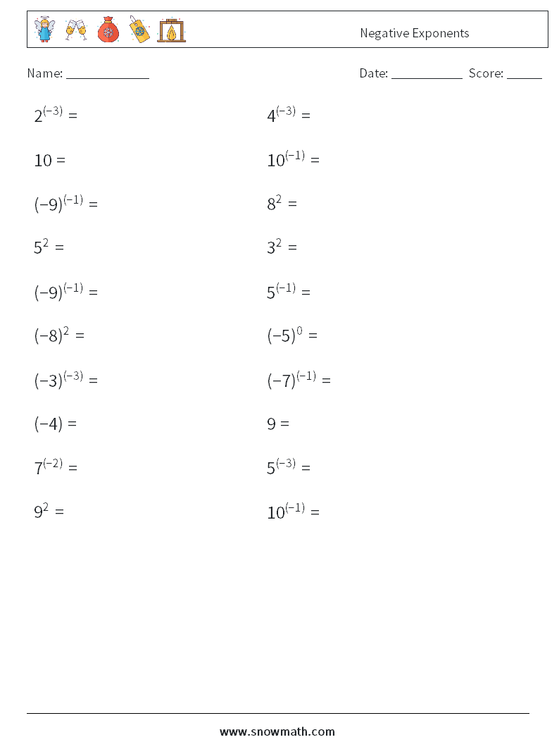 Negative Exponents Math Worksheets 9Math Worksheets Math Practice For