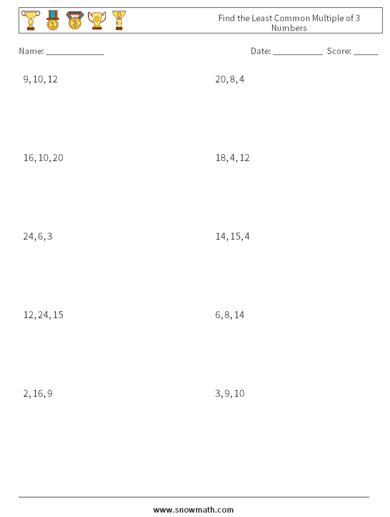 Find The Least Common Multiple Of 3 Numbers Math Worksheets Math 