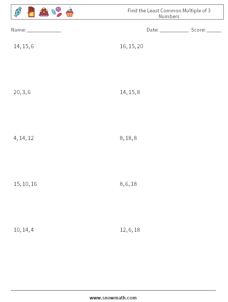 Find The Least Common Multiple Of 3 Numbers Math Worksheets Math 