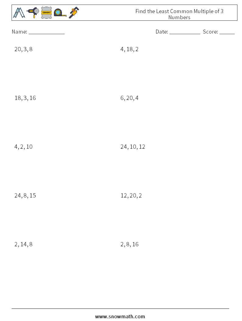 Find The Least Common Multiple Of 3 Numbers Math Worksheets Math