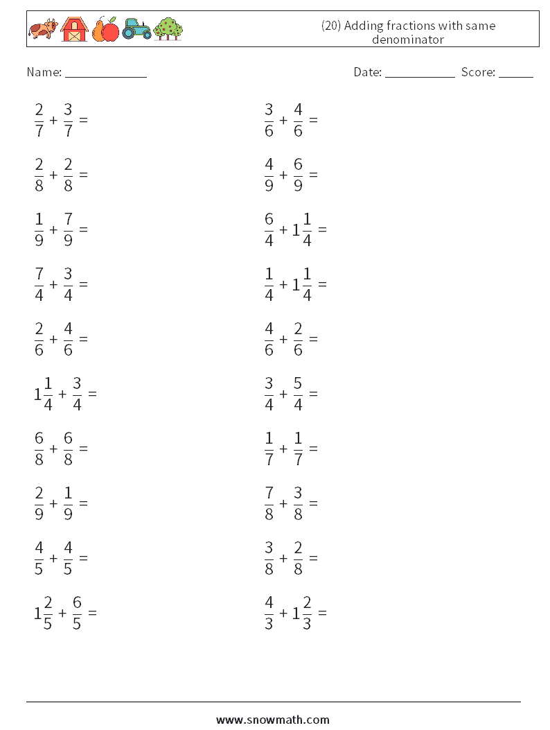  20 Adding Fractions With Same Denominator Math Worksheets Math Practice For Kids 