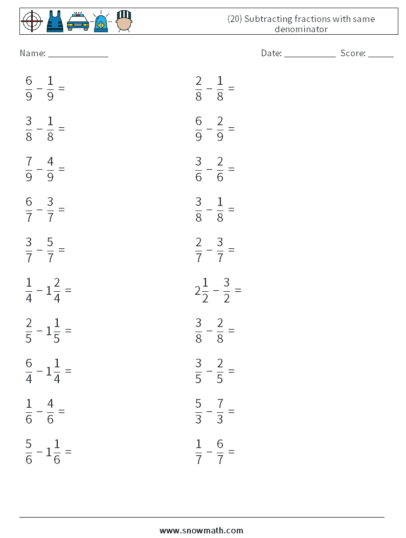  20 Subtracting Fractions With Same Denominator Math Worksheets Math 