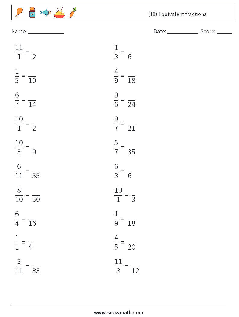 Canada 10 Equivalent Fractions Math Worksheets Math Practice For Kids 