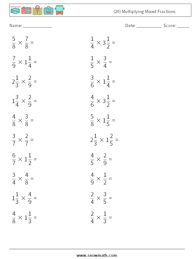 Multiplying Mixed Fractions Worksheet