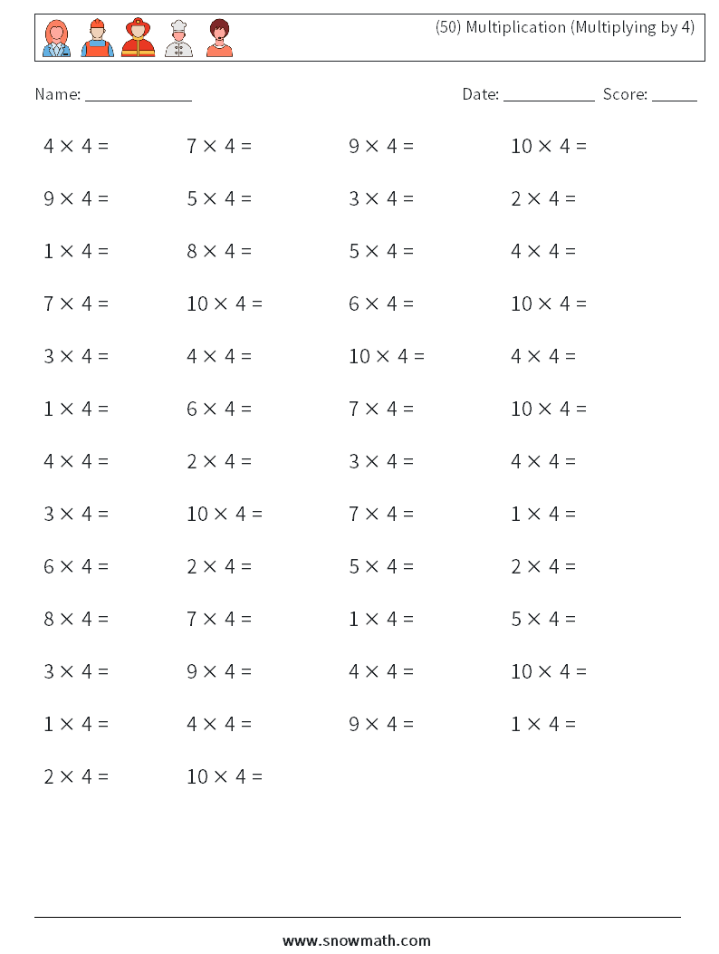Multiplying 1 To 12 By 4 100 Questions A 4 Times Table Worksheets Pdf 