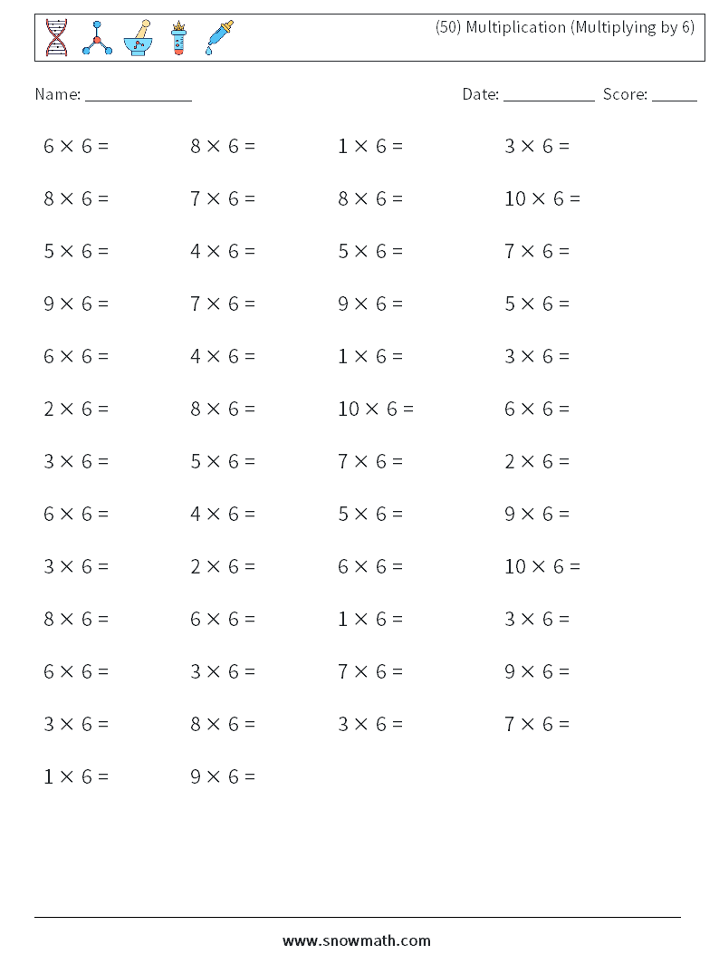 50 Multiplication multiplying By 6 Math Worksheets Math Practice 