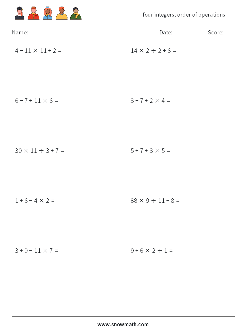Four Integers Order Of Operations Math Worksheets Math Practice For Kids Four Integers Order Of Operations Math Worksheets Math Practice For Kids