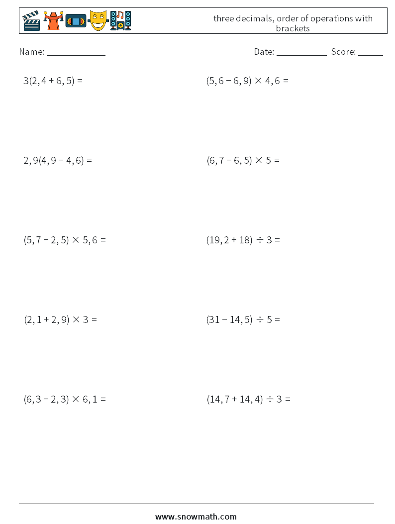Three Decimals Order Of Operations With Brackets Math Worksheets Math Three Decimals Order Of Operations With Brackets Math Worksheets Math