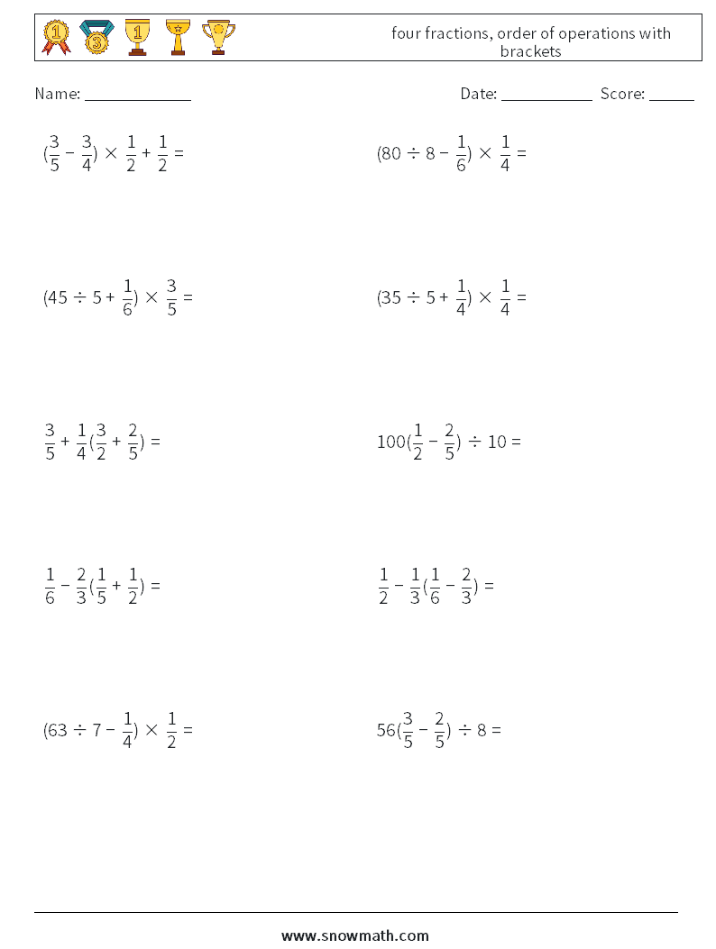 Four Fractions Order Of Operations With Brackets Math Worksheets Math 