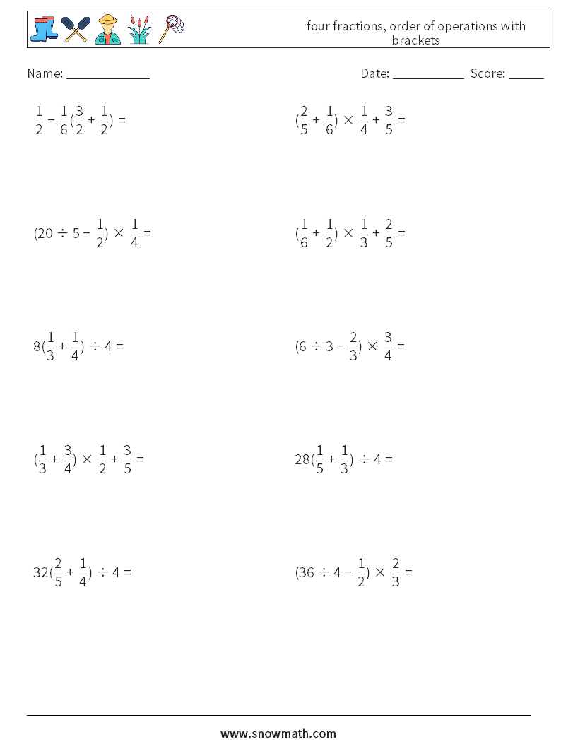Four Fractions Order Of Operations With Brackets Math Worksheets Math 