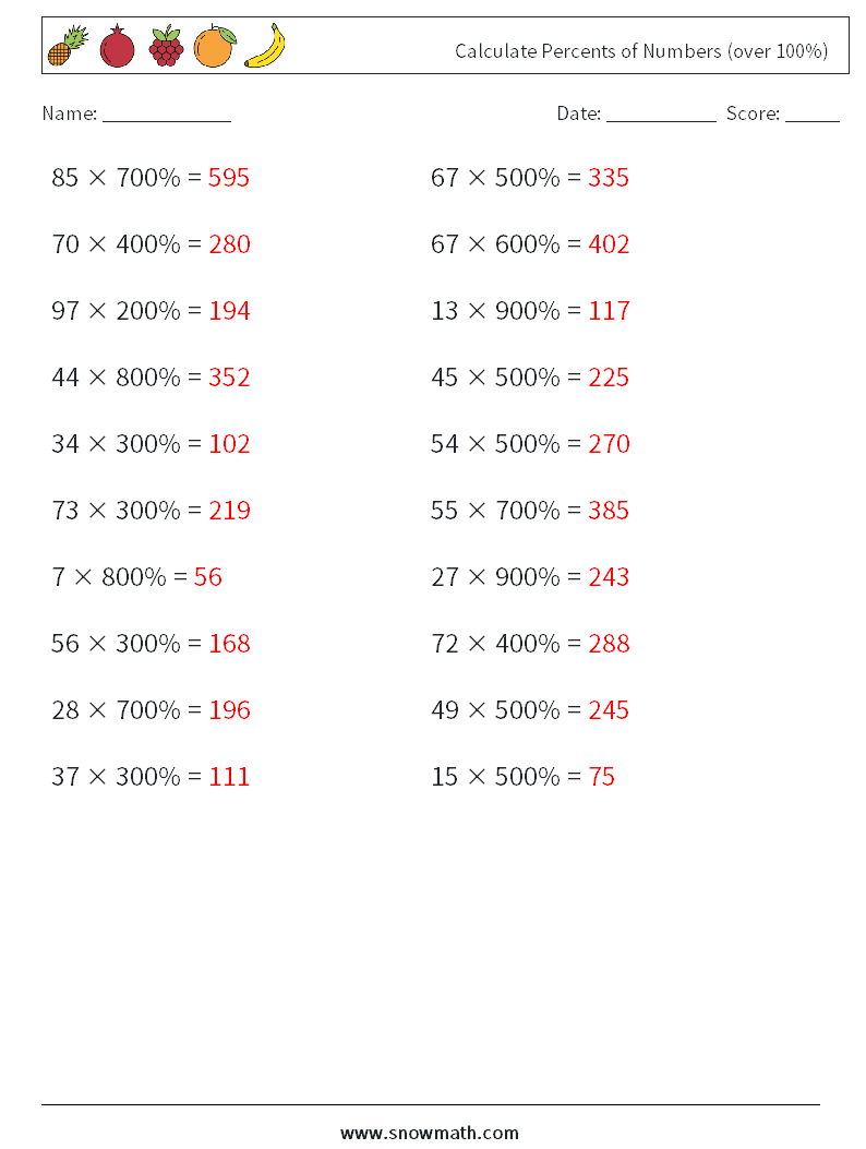 calculate percents of numbers (over 100%) Math Worksheets 2Math ...