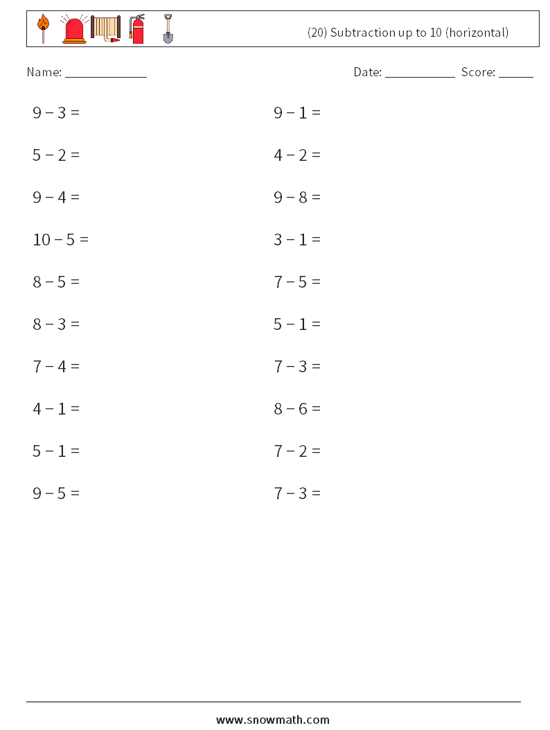  20 Subtraction Up To 10 horizontal Math Worksheets Math Practice 