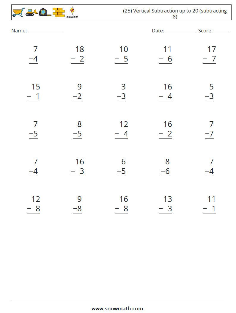 Subtraction Worksheets Math Worksheets Math Drills
