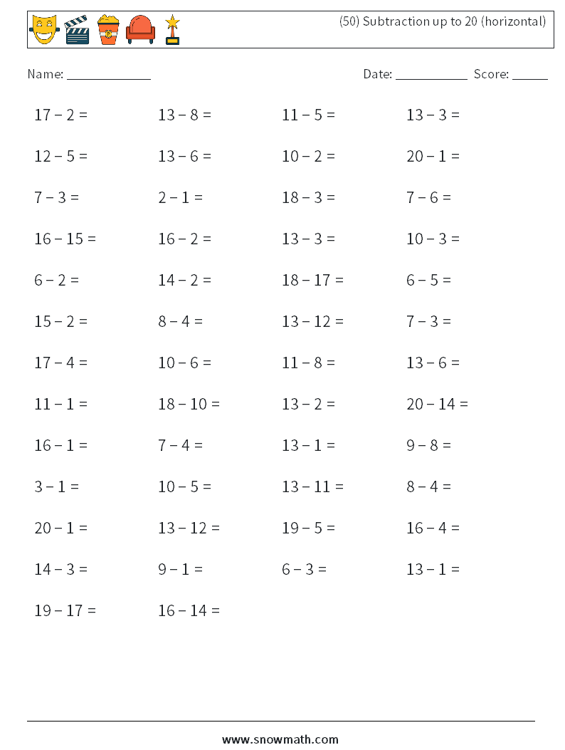 Canada 50 Subtraction Up To 20 horizontal Math Worksheets Math 