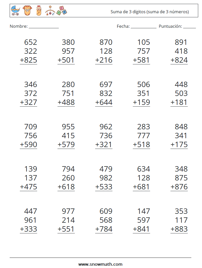 (25) suma de 3 dígitos (suma de 3 números) Hojas de trabajo de ...
