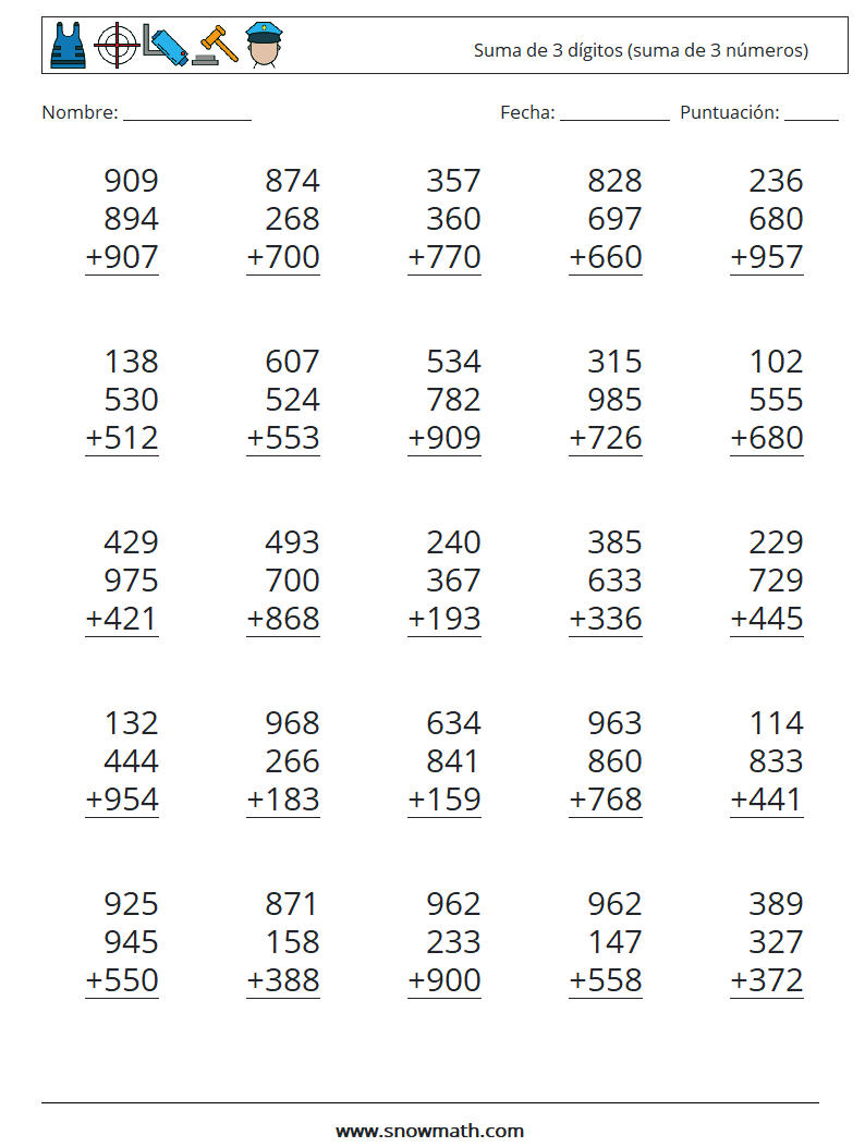 (25) suma de 3 dígitos (suma de 3 números) Hojas de trabajo de ...