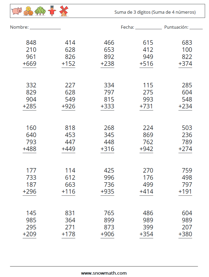 (25) suma de 3 dígitos (suma de 4 números) Hojas de trabajo de ...