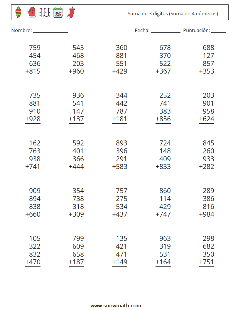 (25) suma de 3 dígitos (suma de 4 números) Hojas de trabajo de ...