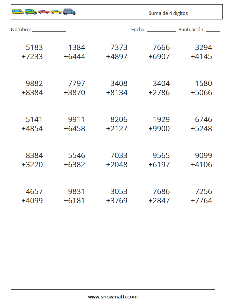 (25) suma de 4 dígitos Hojas de trabajo de matemáticas 2Hojas de ...
