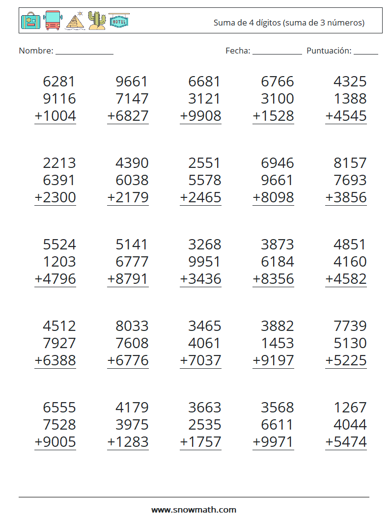 (25) suma de 4 dígitos (suma de 3 números) Hojas de trabajo de ...